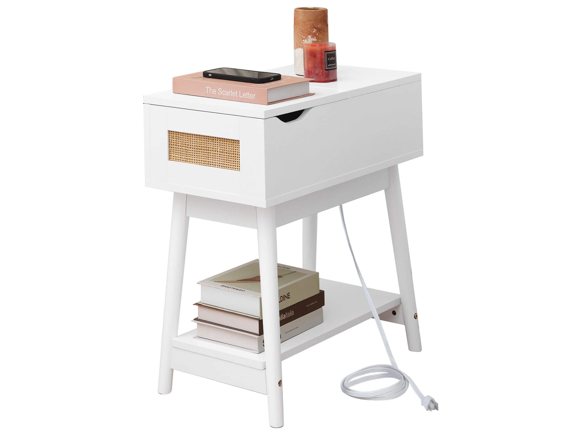 Labcosi Natural Rattan Side Table, White Flip Top Nightstand with ...
