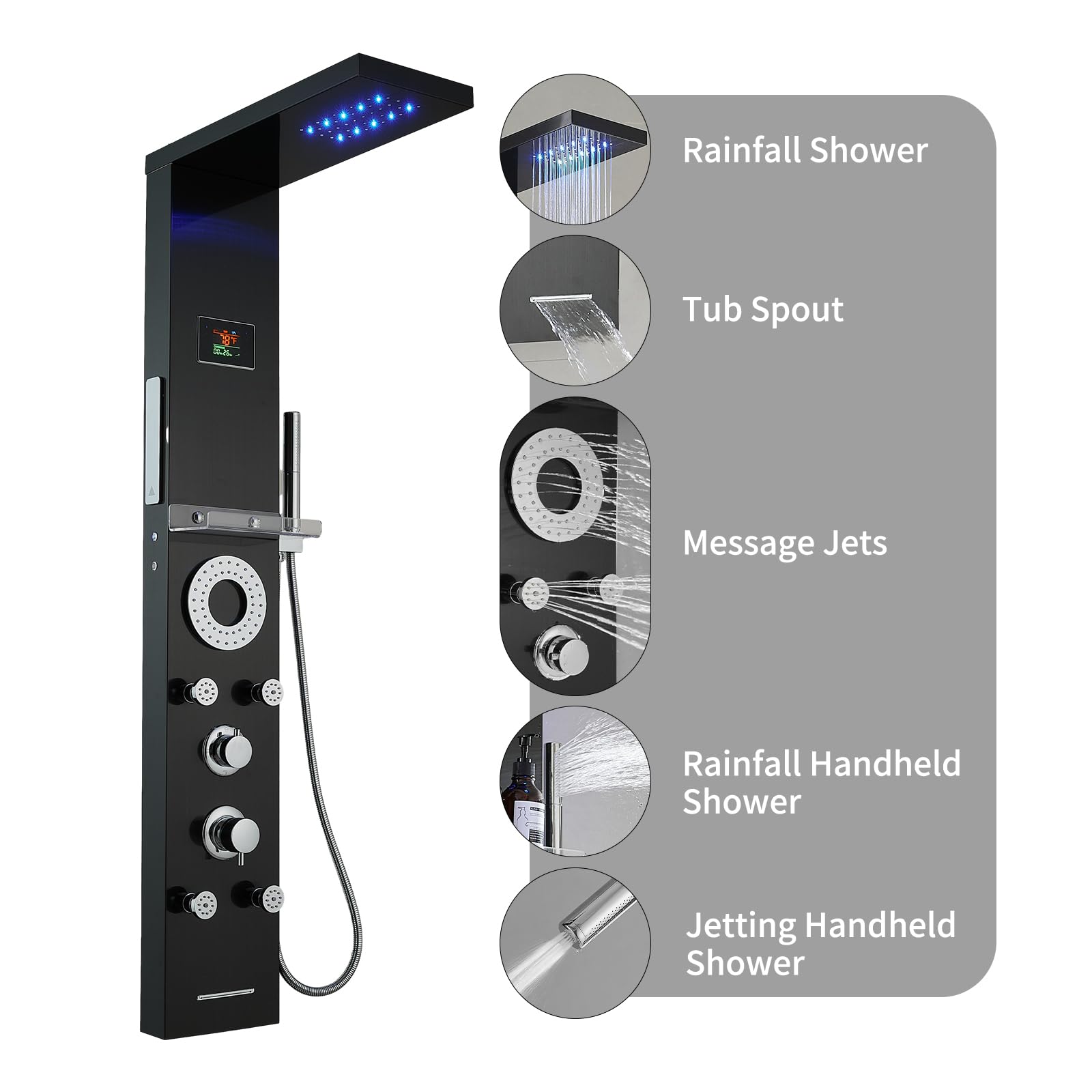 RUMOSE Matte Black Shower Panel Tower System, 5-Function Shower Faucet Set LED Light Rainfall ...