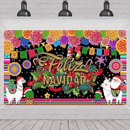 Amazon.com : Mexican Serape Christmas Backdrop Santa Alpaca Cactus Guitar Feliz Navidad ...