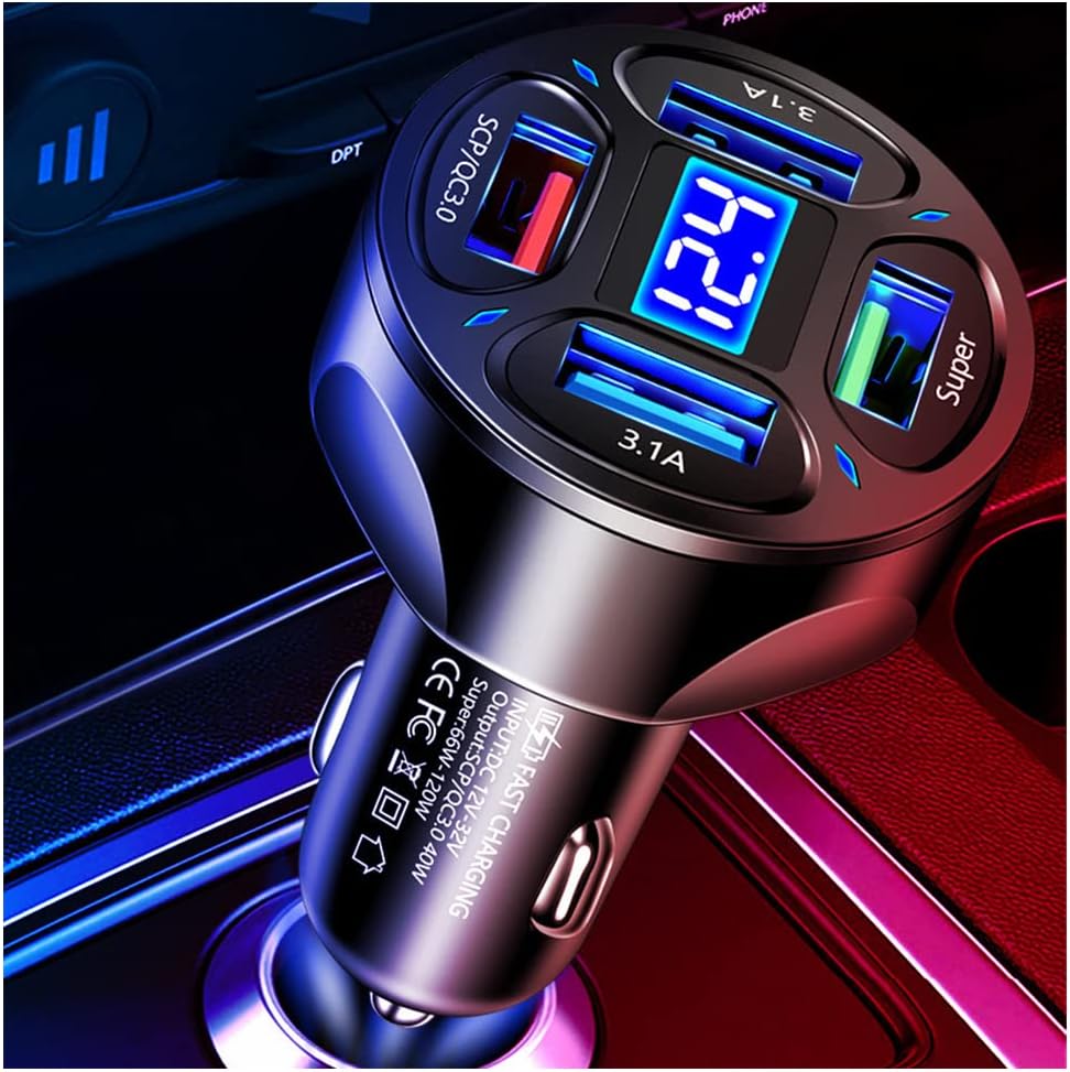 Amazon.com: 66W 4 USB Car Charger Fast Charge with Voltmeter LED Light ...