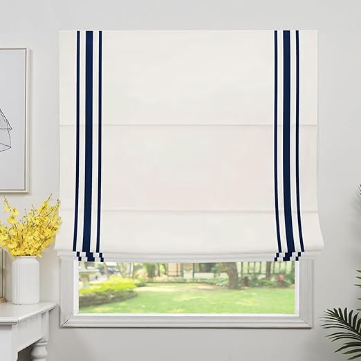Amazon.com: Cordless Roman Shades with Ribbon Border, White Navy Room ...