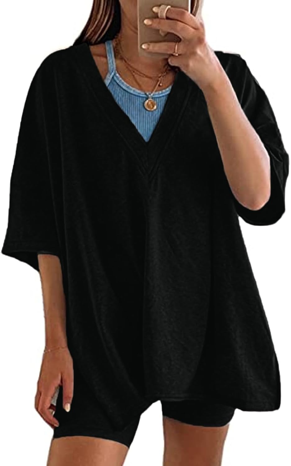 Amazon.com: Shiyifa Women's 2 Piece Outfits Stretchy Oversized V Neck ...