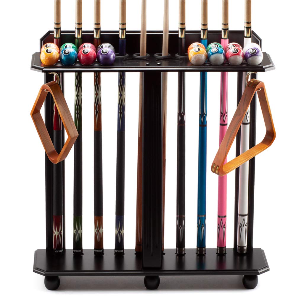 Floor Stand Billiard Pool Cue Racks. Holds 10 Pool Cues And Full Set of Pool Balls (Black)