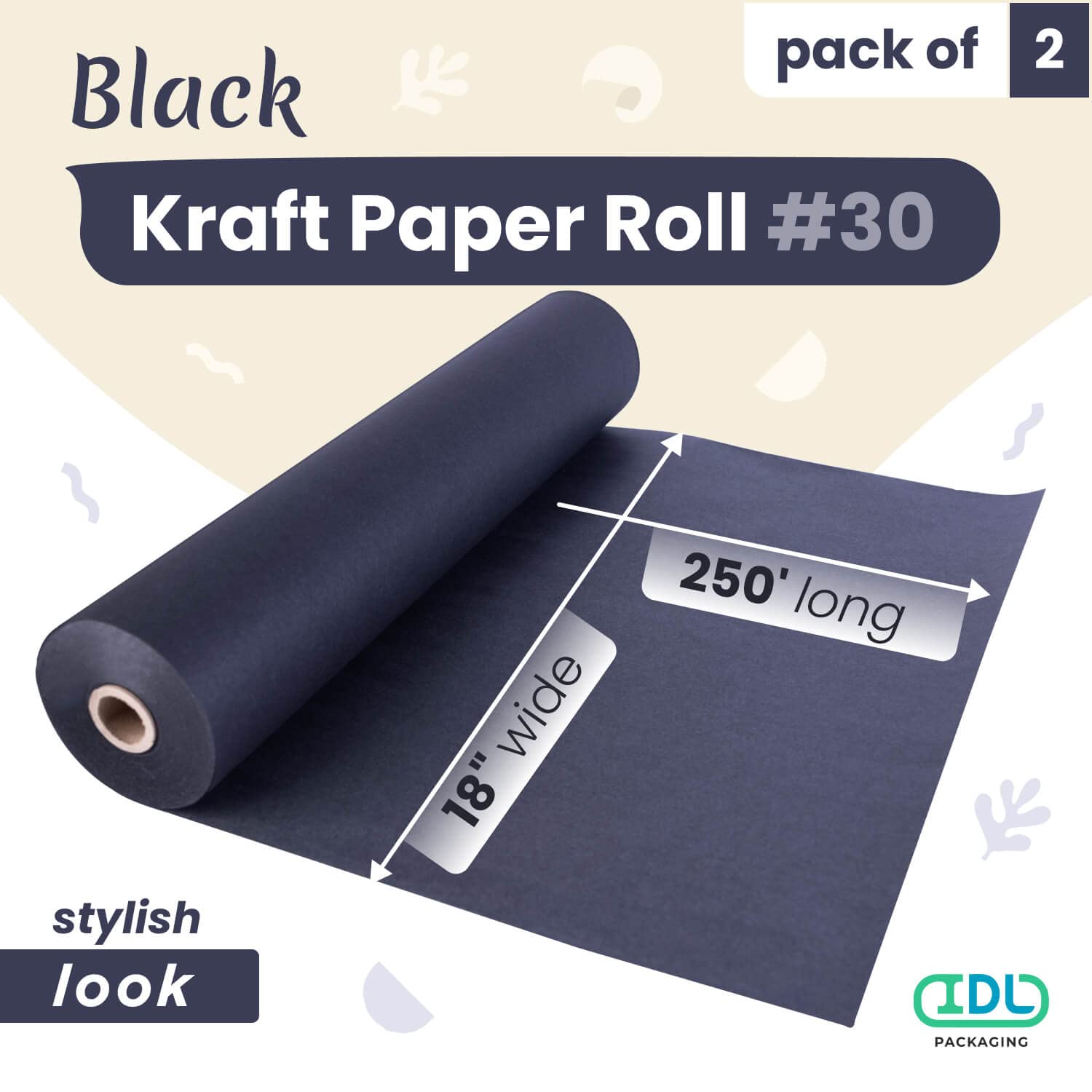 IDL Packaging 18" x 250 feet (3000 inches) Black Kraft Paper Roll, 30 ...