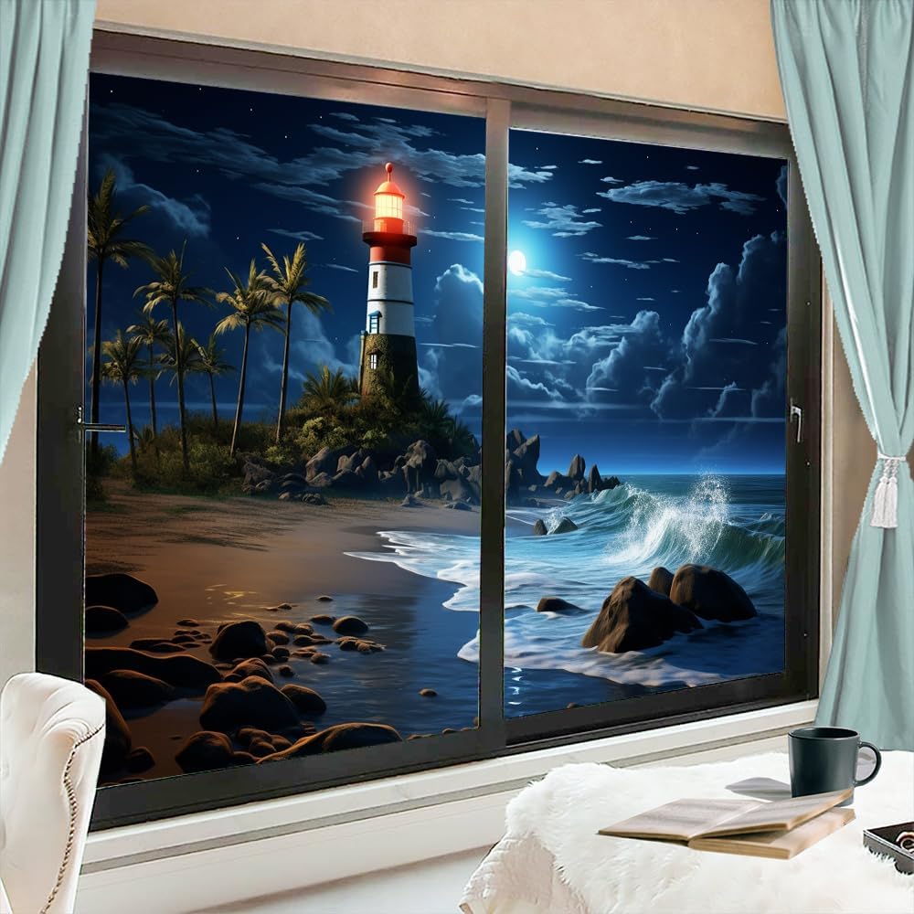 Amazon.com: SOPIYRIO Nature Coastal Lighthouse Window Privacy Film Palm ...