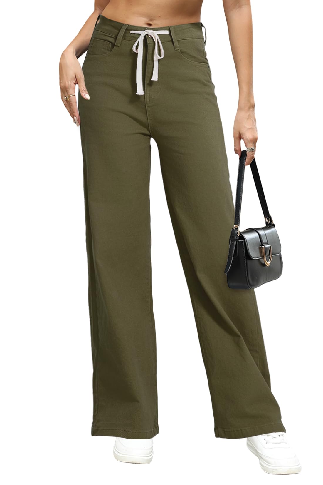 Allimy Womens Drawstring High Waist Wide Leg Jeans Straight Leg Washed ...