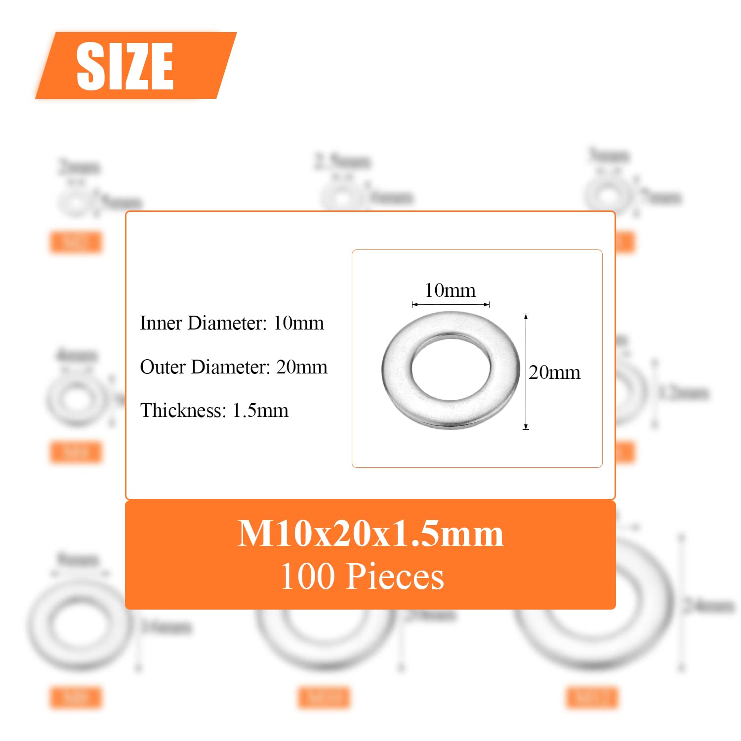 Snapklik.com : 100 Pieces M10 Flat Washers, 304 Stainless Steel, Inner ...
