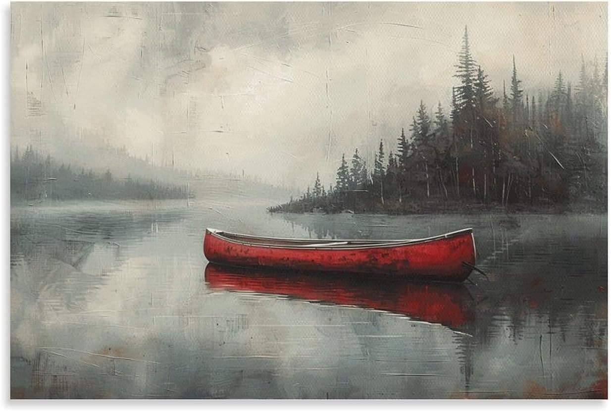 Amazon.com: KLower Red Canoe Vintage Painting Canvas Print Rustic ...