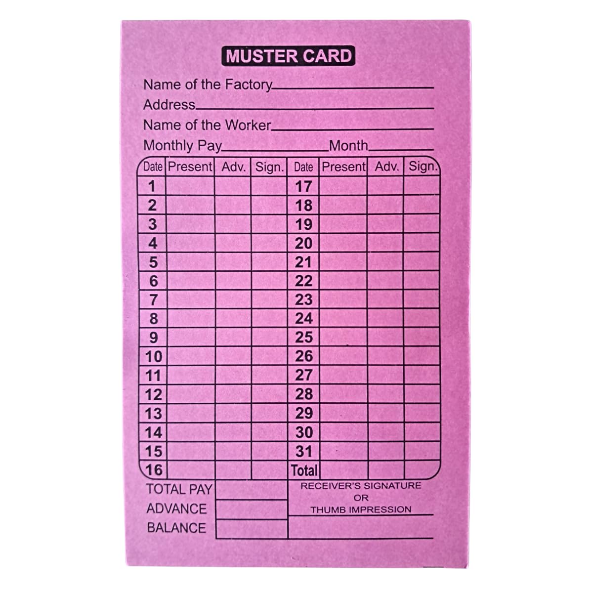 Muster Card Attendance Report for Daily Payroll Wages/Attendance Card ...