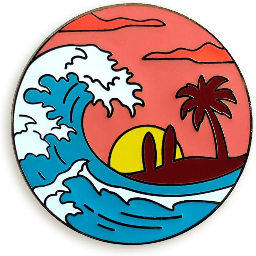 Amazon.com: Pinsanity Sunset Beach Wave Enamel Lapel Pin : Clothing ...