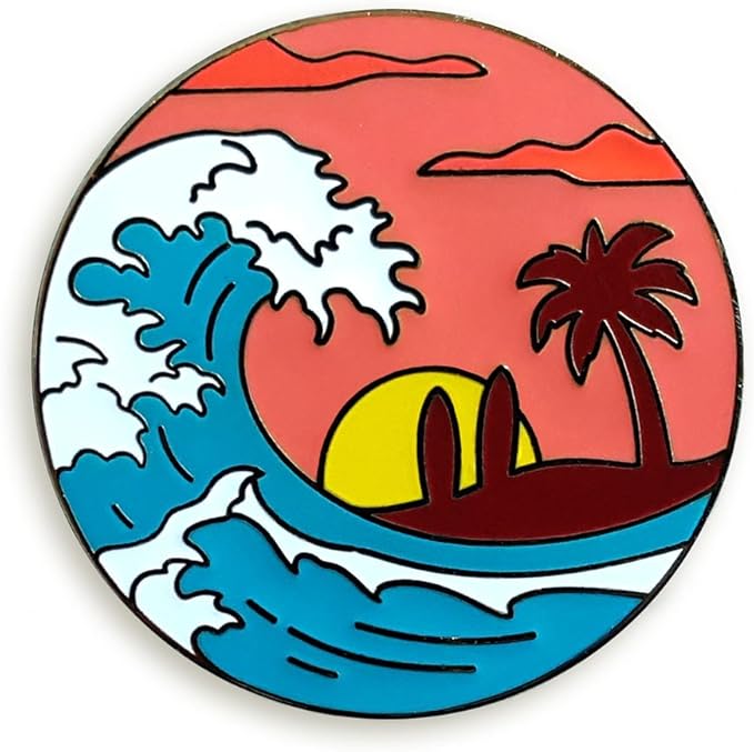 Amazon.com: Pinsanity Sunset Beach Wave Enamel Lapel Pin : Clothing ...