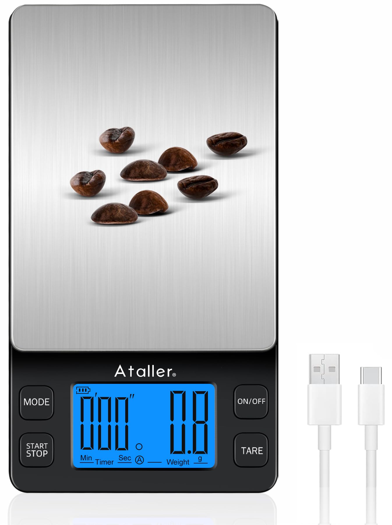 Ataller Mini Coffee Scale with Timer, USB Rechargeable Espresso Scale ...