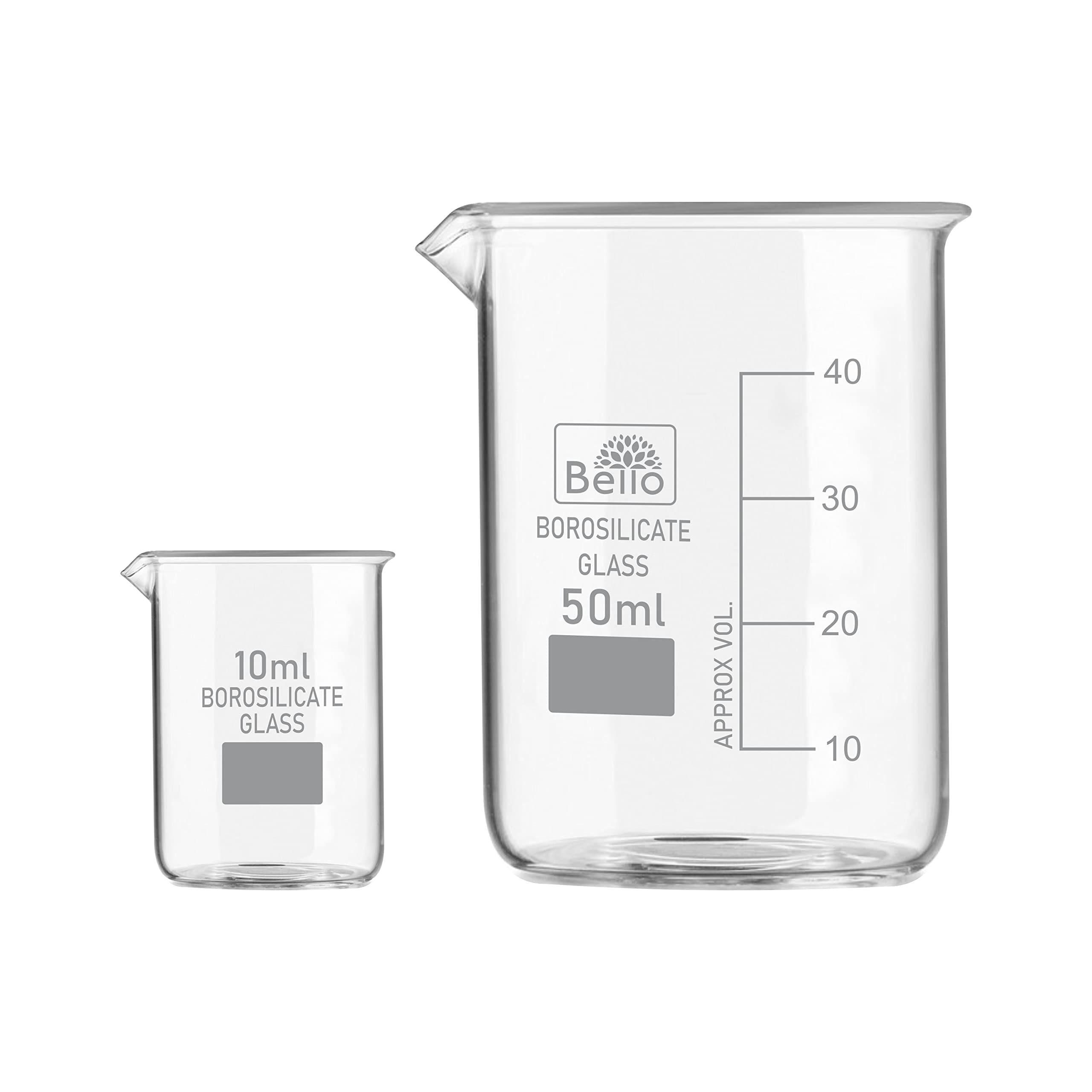 Bello Borosilicate 3.3 Glass Beaker 10 ml, 50 ml with Graduation Marks ...