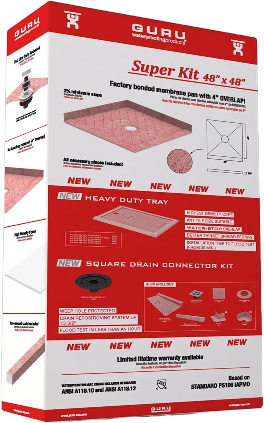GURU USA SuperKit Square Shower Kit with Heavy Duty Tray, Water-Stop ...