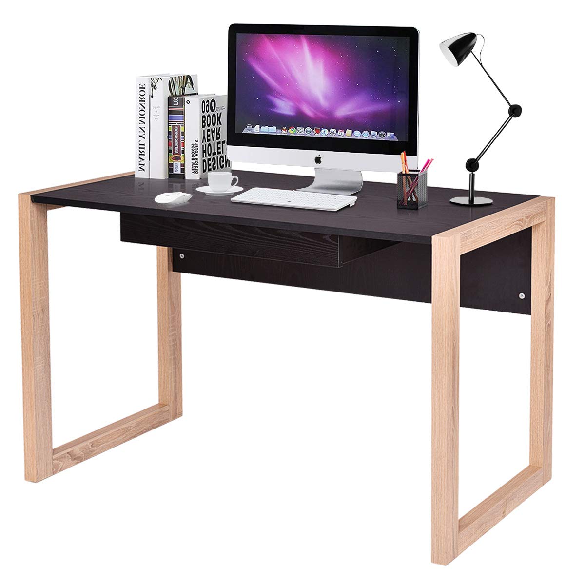 Tangkula Computer Desk Wood Top Computer Desk Modern Home Office ...