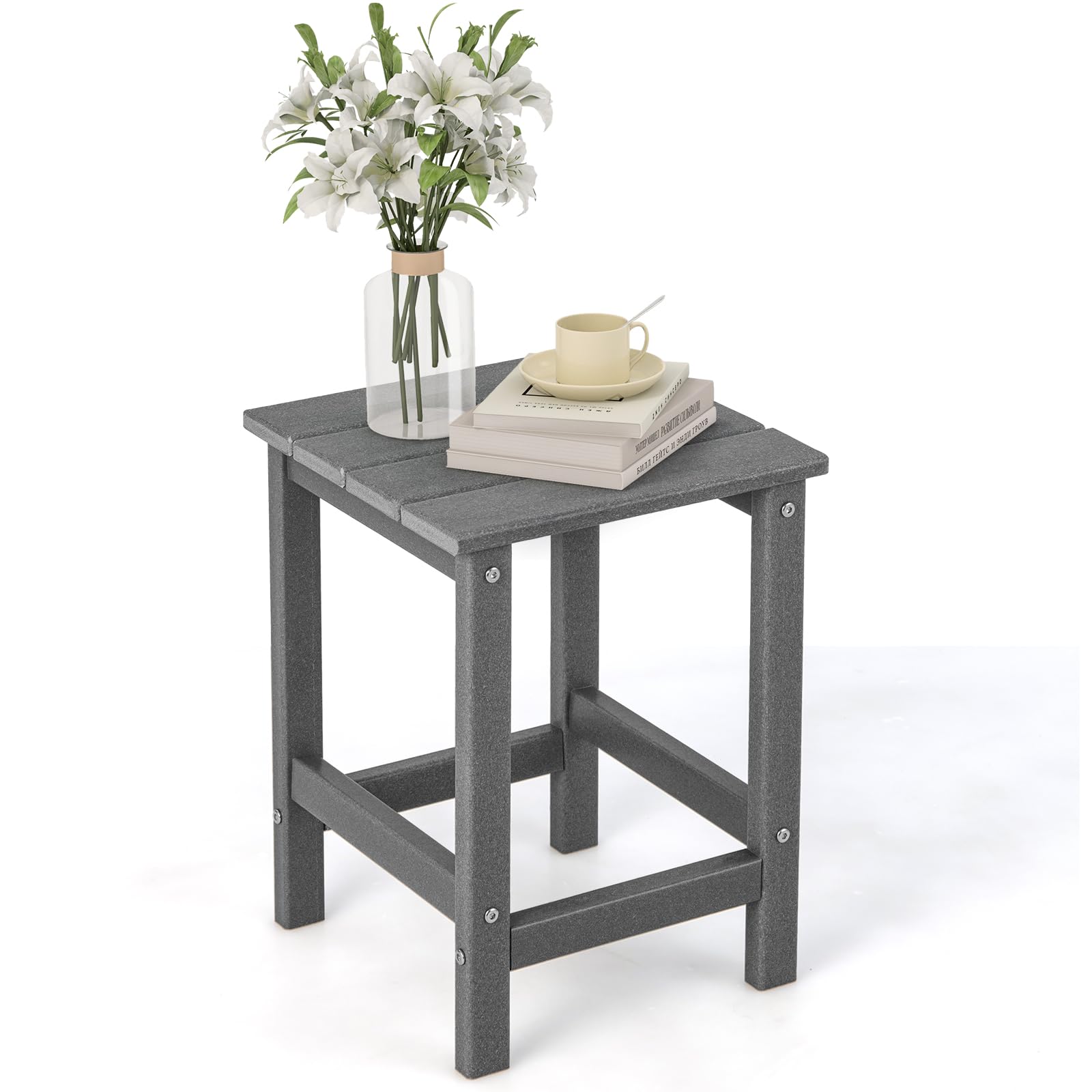 SFAREST Garden Side Table, Patio Wooden End Table with Slatted Design ...