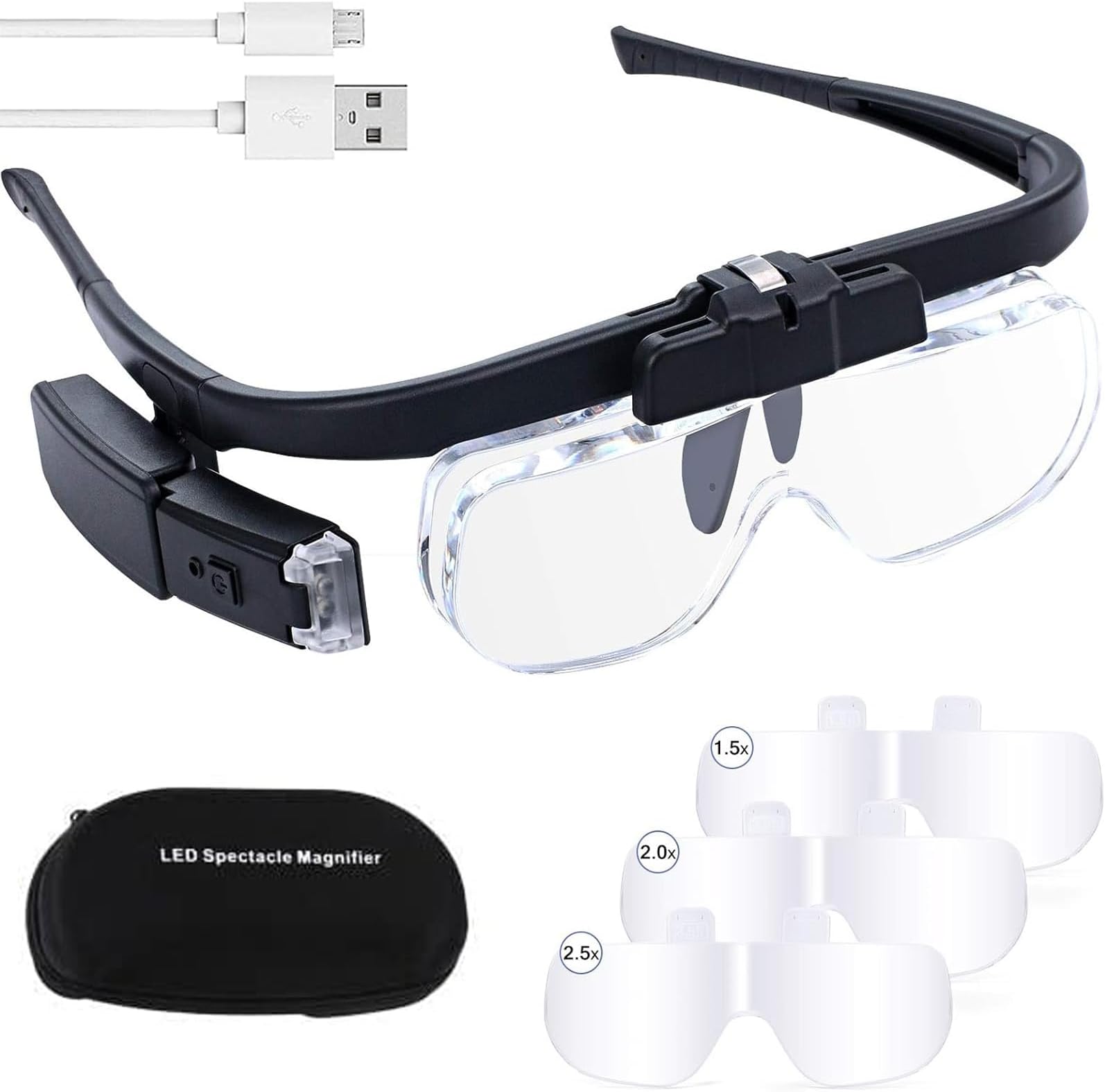Lupa con Luz LED, Gafas Lentes Lupa Recargables USB, 3 Lentes de ...