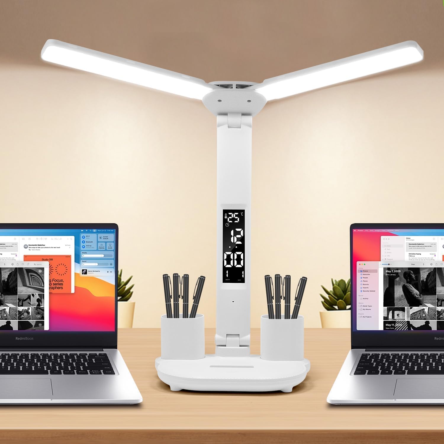 LED Desk Lamp Light with 2 Pen Holders, Time, Date, Temperature Display ...