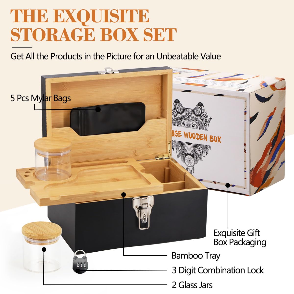 Large Bamboo wooden Box Tray Set, Locking Storage Decorative Box for ...