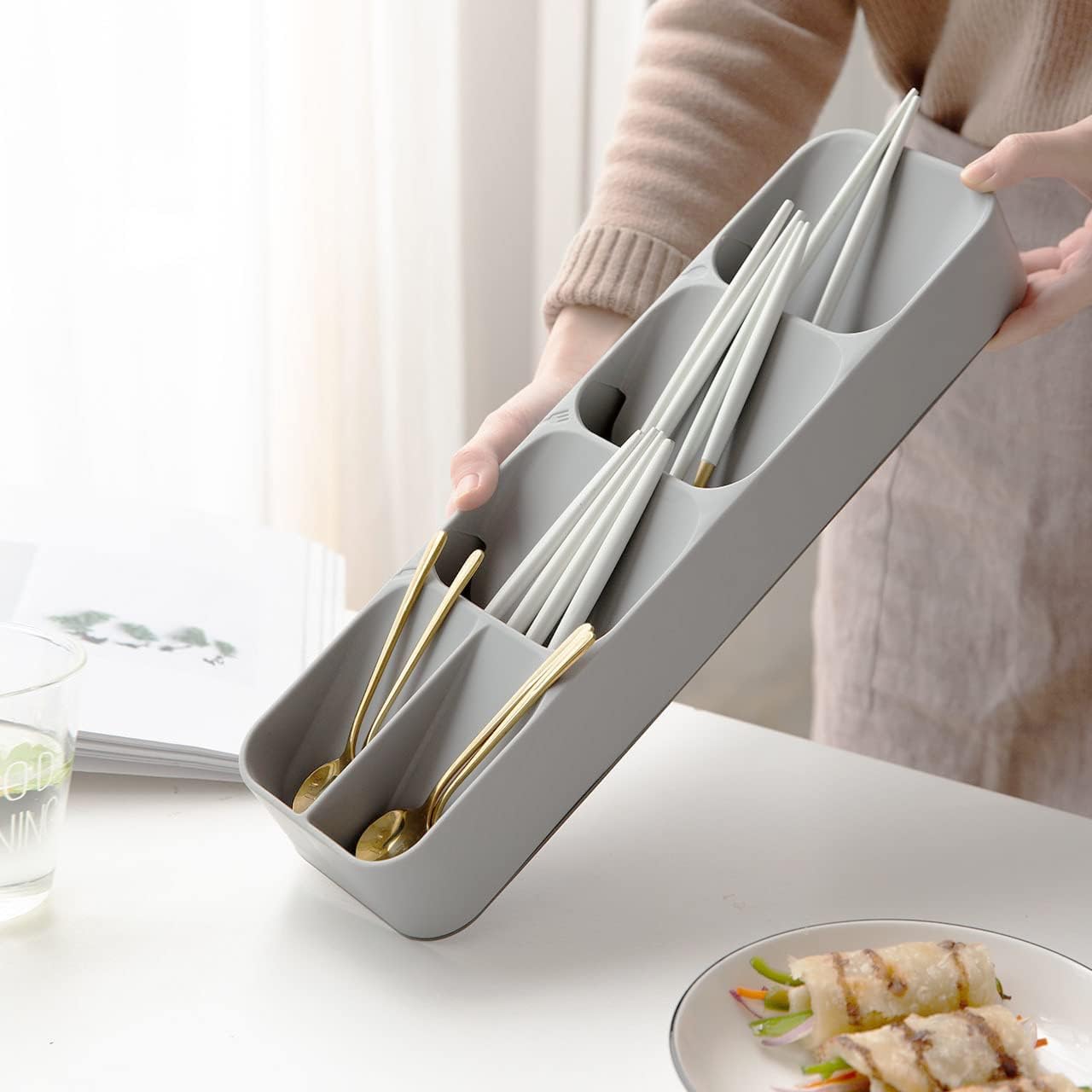 FOREVERIE Compact Kitchen Small Cutlery Organiser Tray, Silverware Drawer Organiser, Utensil ...