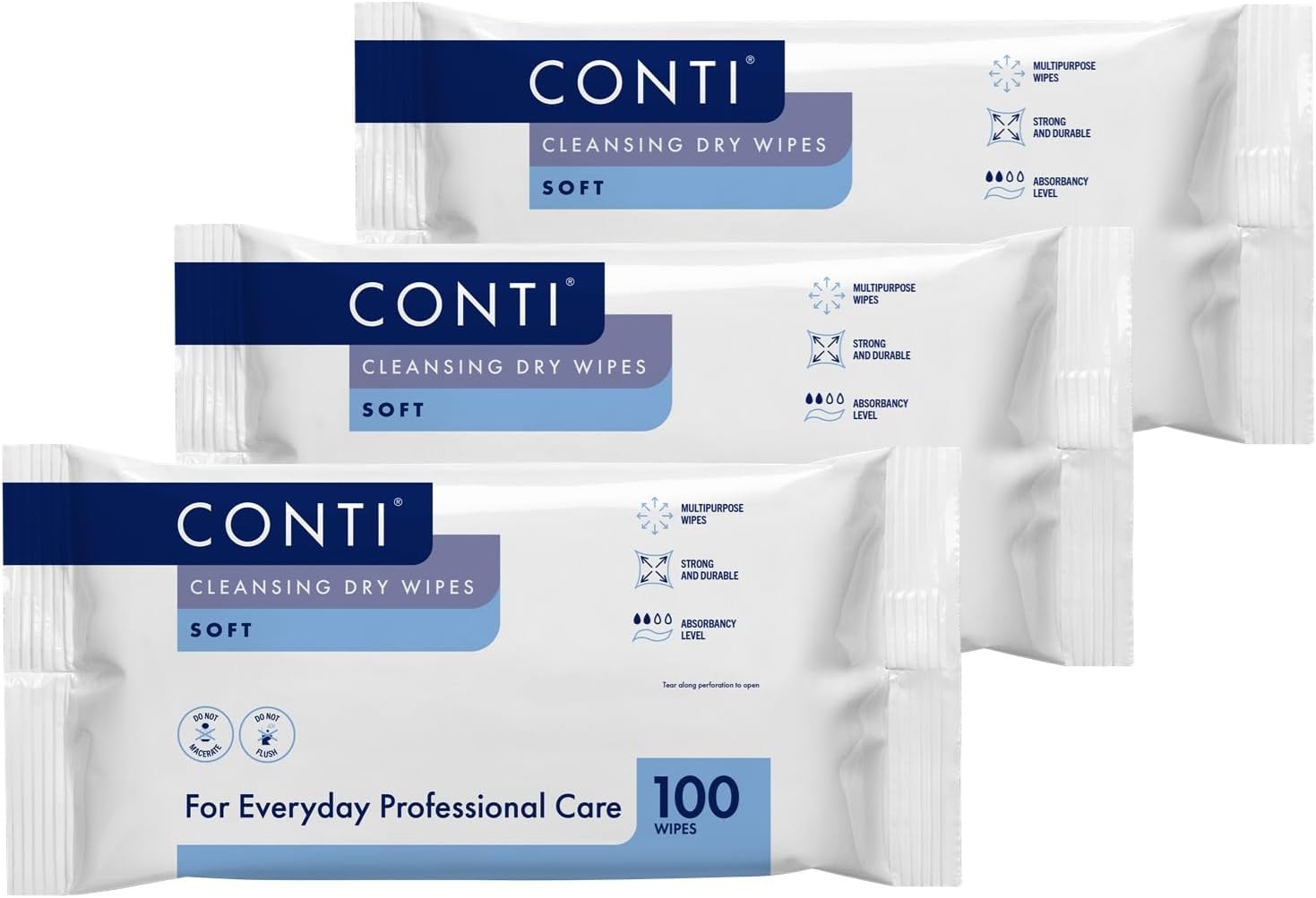 Conti Soft Large Patient Cleansing Dry Wipes (3 Packs of 100 Dry Wipes ...