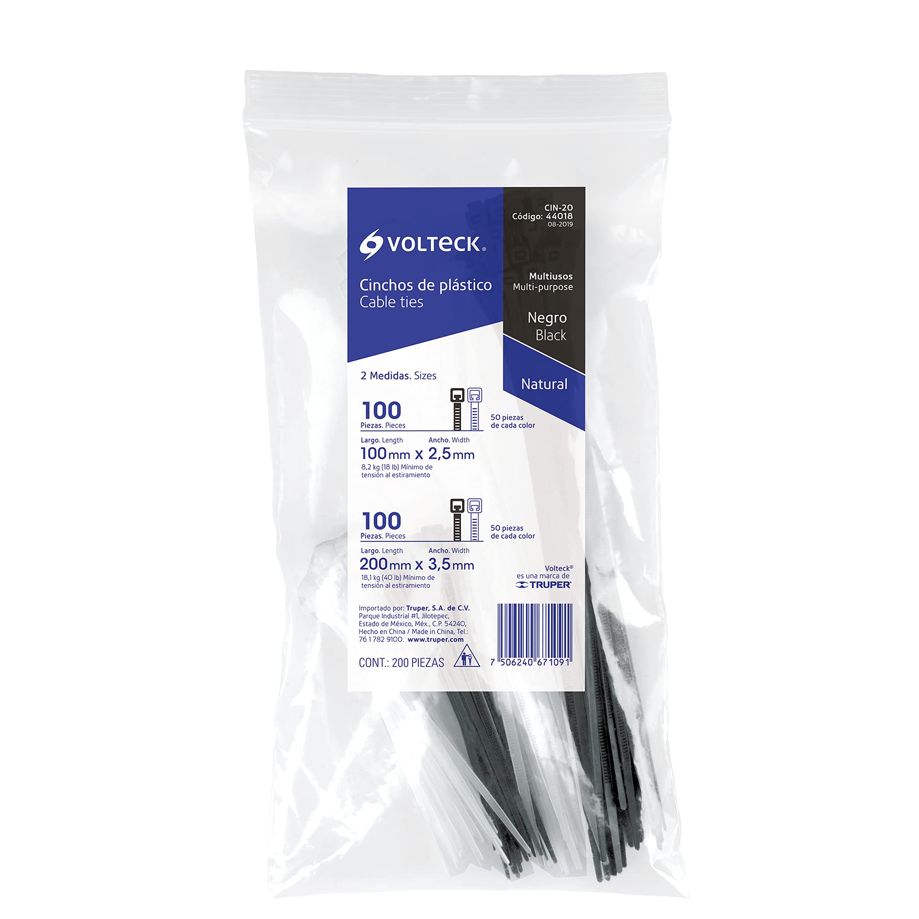Volteck CIN-20, Bolsa con 200 cinchos plásticos negros y naturales ...
