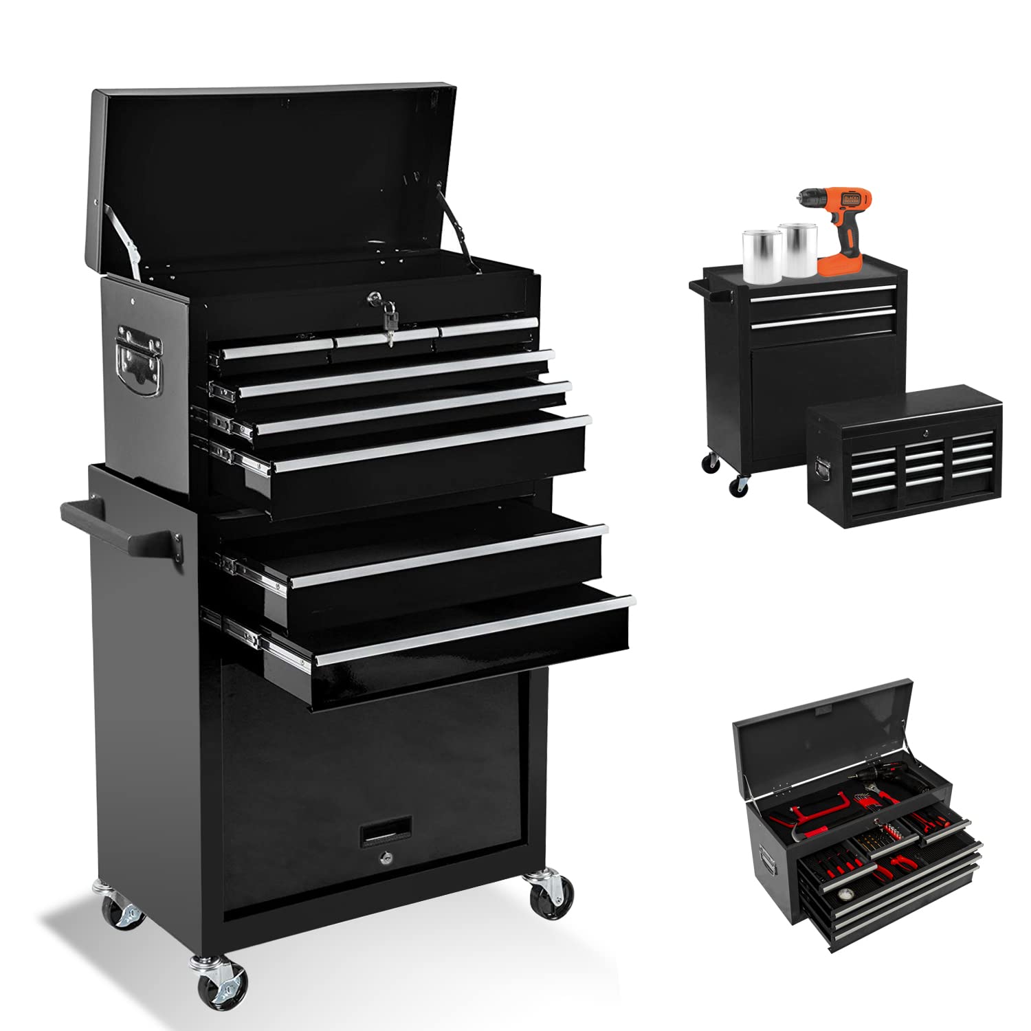 Buy 8-Drawer High Capacity Tool Box with 4 Wheels, 2 in 1 Detachable ...