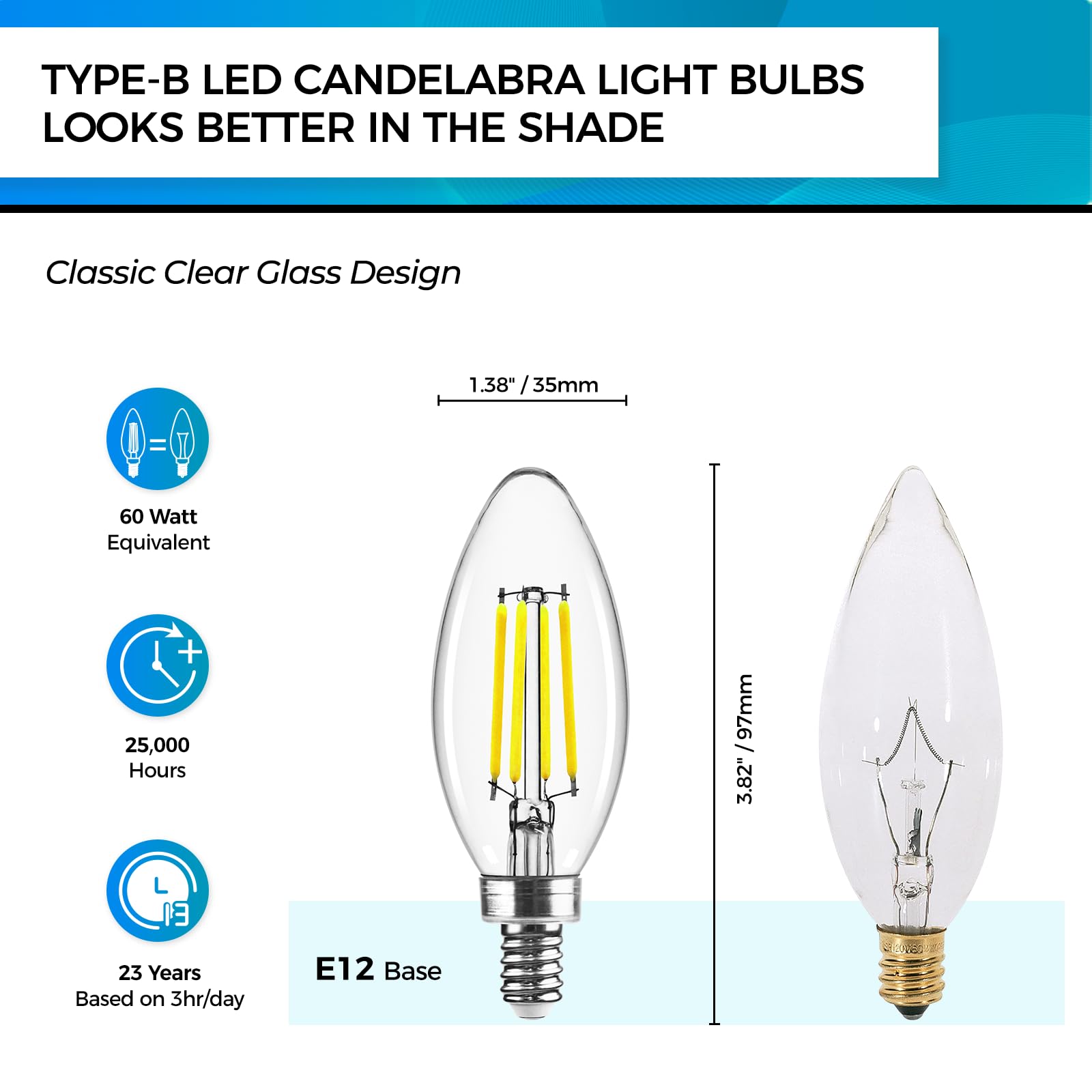 Snapklik.com : E12 LED Bulb 5000K Daylight, 60 Watt Candelabra Non-Dimmable Chandelier Light, 90 ...