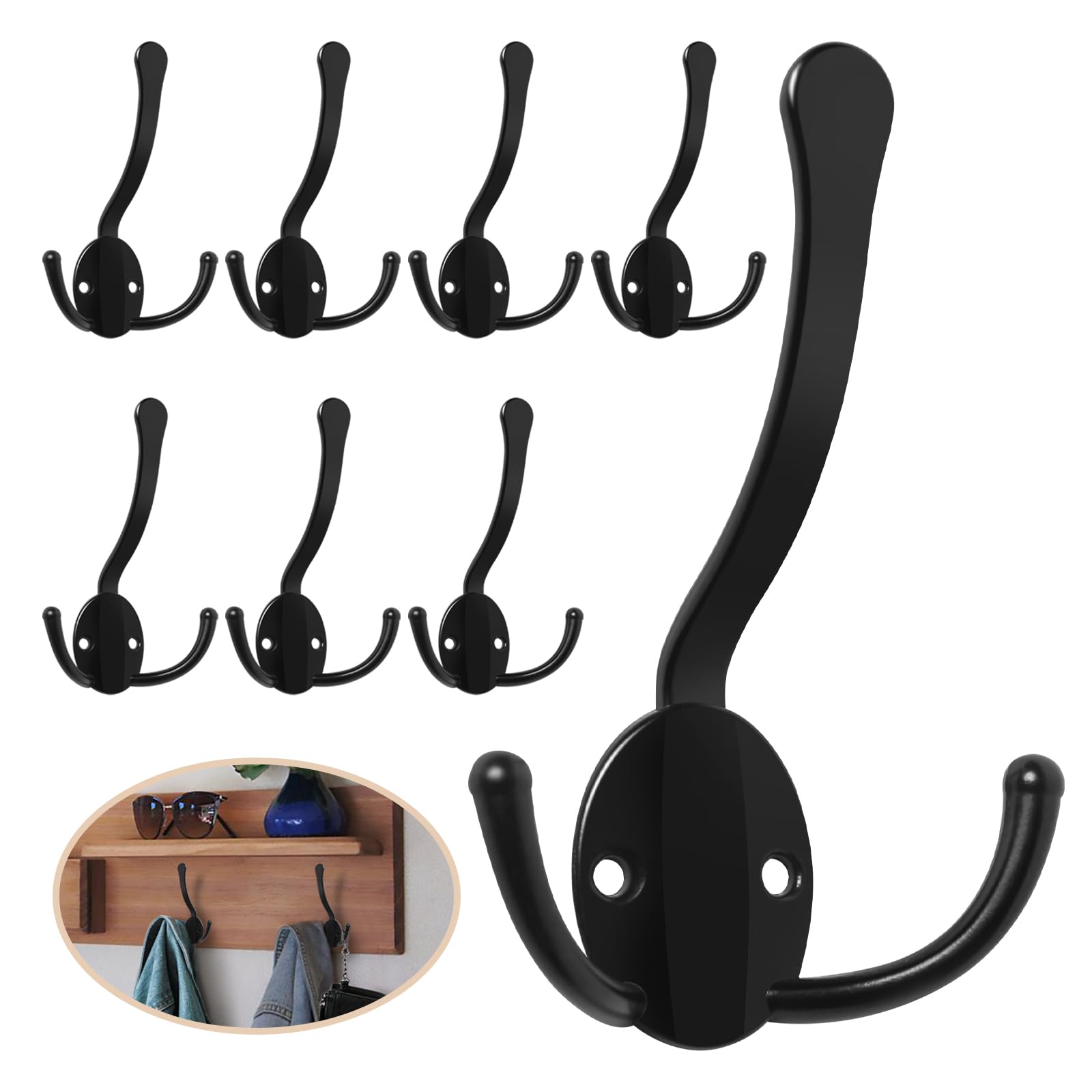 Amazon.com: Homanu 8 Pack Coat Hooks Heavy Duty, Metal Three Prongs ...