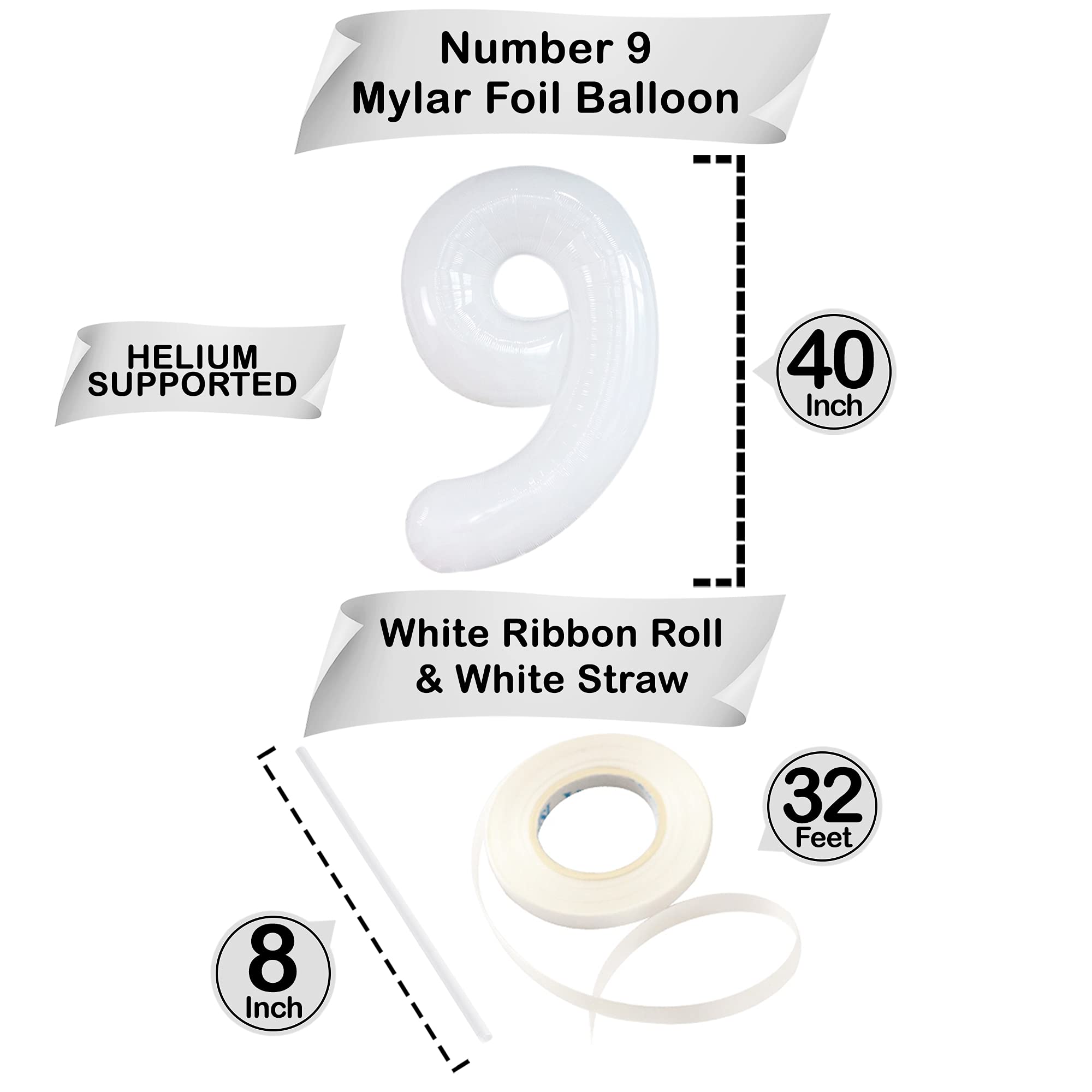 Snapklik.com : Big 40 Inch White Number 9 Balloon - Mylar 9 Balloon ...