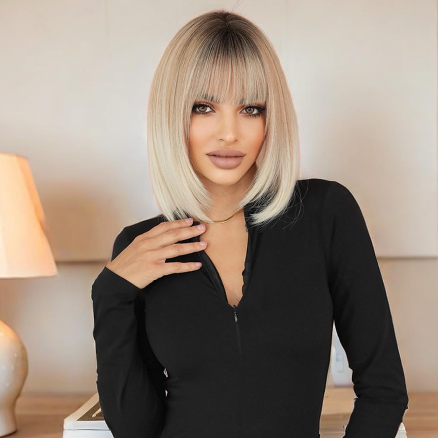 Amazon.com : SENHORAS Short Bob Wig with Bangs Dark Brown Mix Auburn ...