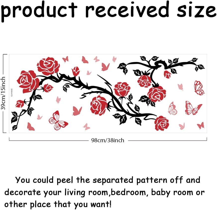 SUPERDANT Calcomanías románticas de pared de rosas rojas, mariposas ...