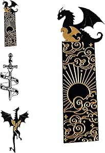 Amazon.com: Double Sided Dragon Bookmark, Black and Gold Dragons with Sun and Clouds Bookmark ...