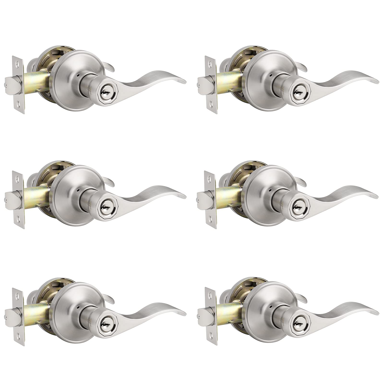 Knobonly 6 Pack Wave Style Door Handles Satin Nickel Finish (Keyed ...