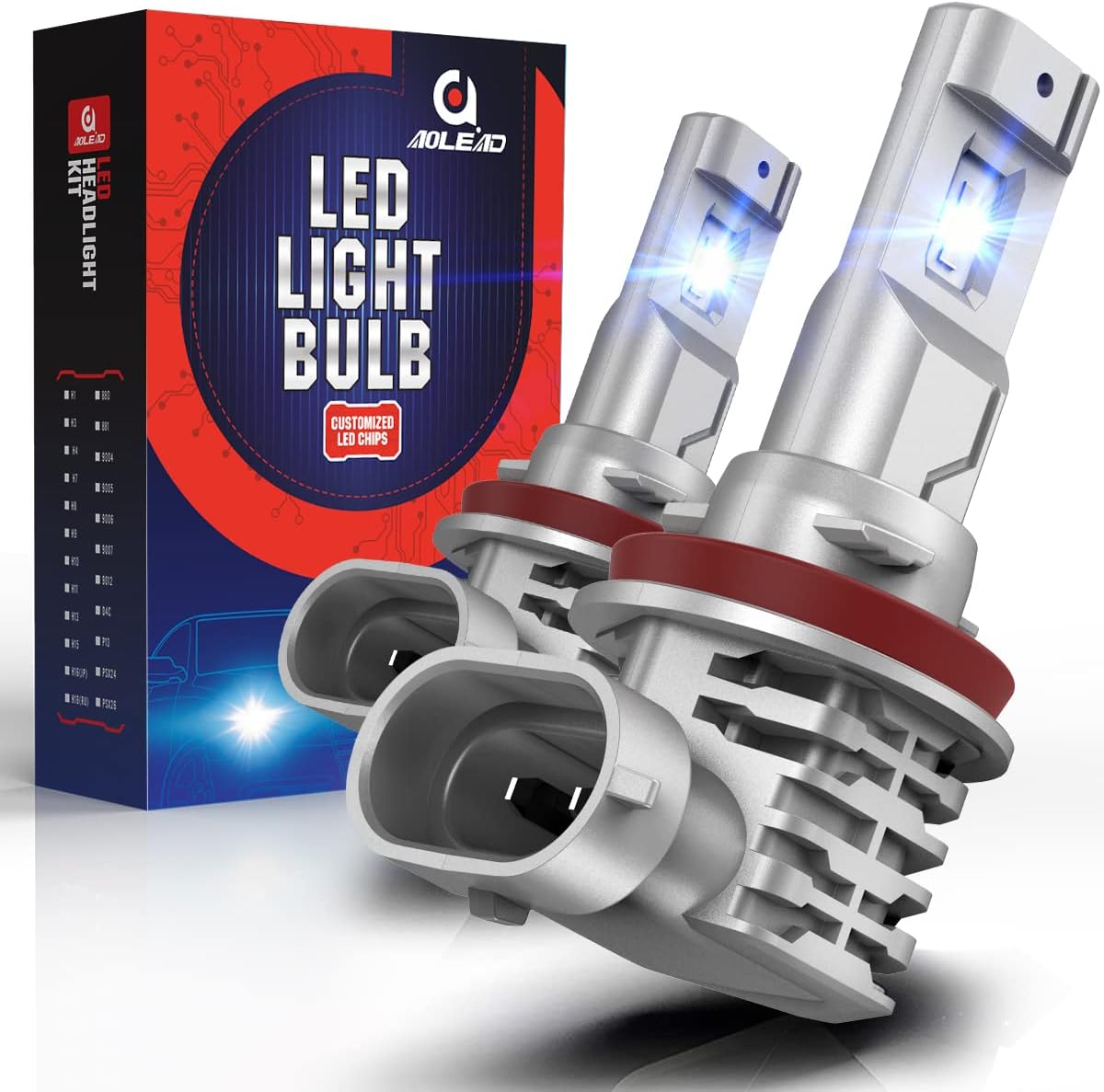 AOLEAD H11 H8 H9 LED Headlight Bulb 50W 6500K Cool White Fanless ...