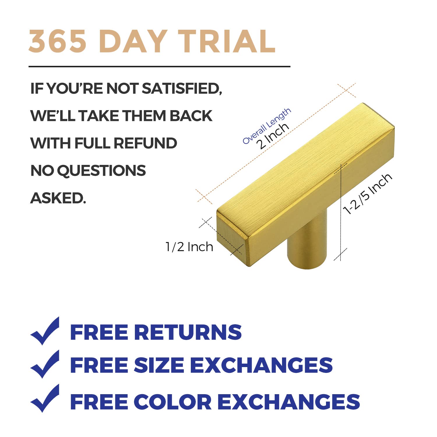 Snapklik.com : 10 Pack Gold T Bar Cabinet Knobs 2 Inch Square Cabinet Pulls Brushed Brass Single ...