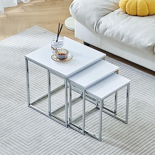 nozama White Nest of Tables Set of 3,Gloss Nesting Tables,Sofa End Side Coffee Table for Small ...