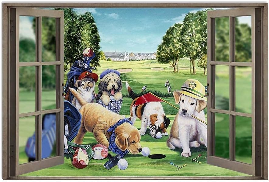 cutespree Dogs Playing Golf with Window Metal tin Signs, Motivational ...