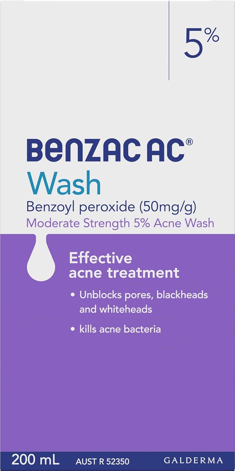 Benzac AC Moderate Strength 5% Acne Wash, With Benzoyl Peroxide, Kills ...