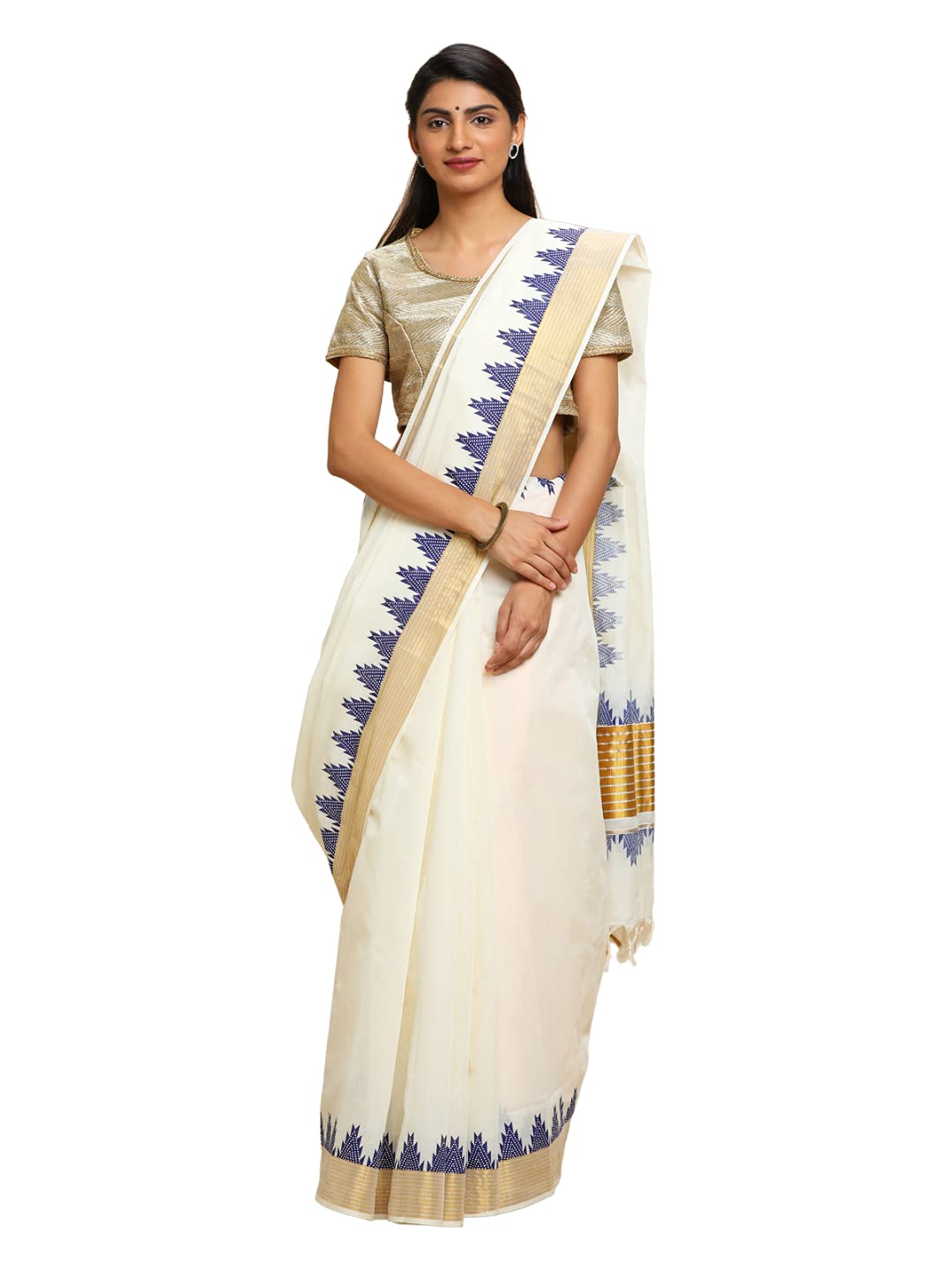 Buy manvish drapes Plain, Temple Border Kerala Kasavu Pure Cotton Saree ...