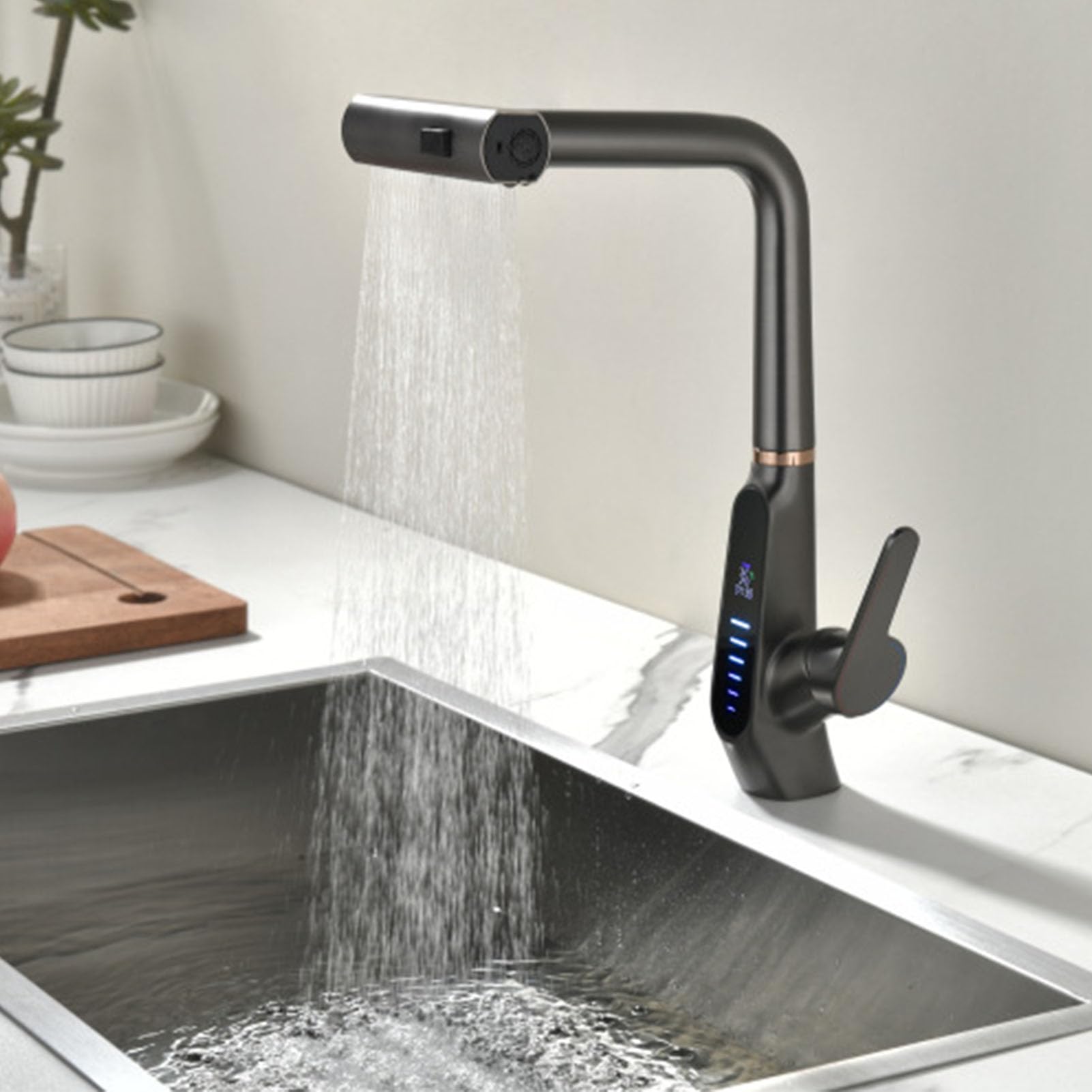 Yalsfowe Waterfall Kitchen Faucet with Pull Down Sprayer, LED Kitchen ...