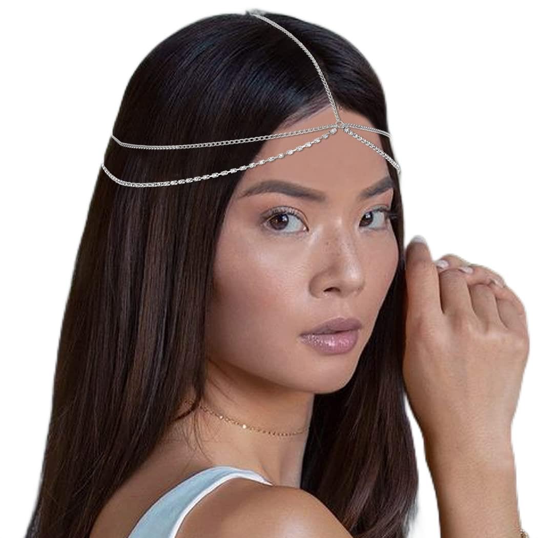 Amazon.com : CAKURE Boho Head Chain Jewelry Rhinestone Silver Hair ...