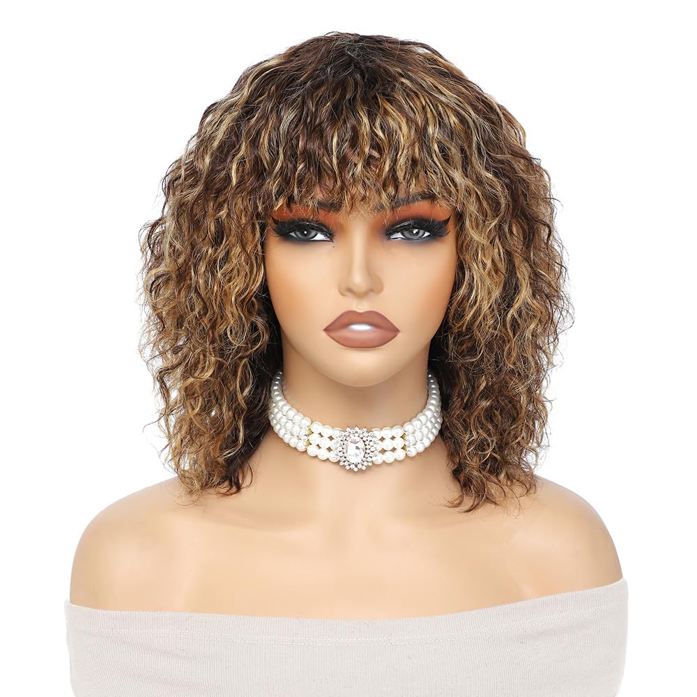 Amazon.com : OnePart human wigs 200% density short water wave wig with bangs for black women 100 ...