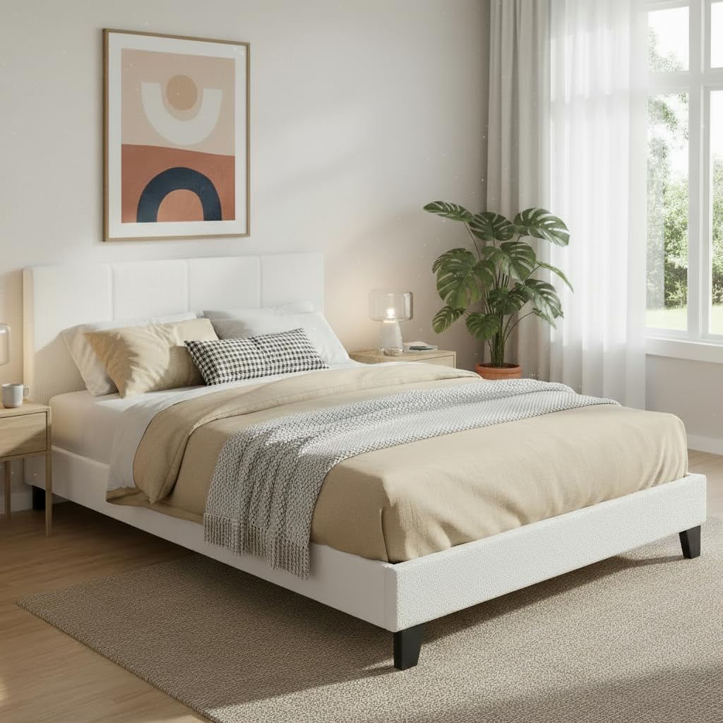 Artiss Double Bed Frame Platform Bed Base with Wooden Headboard, White ...