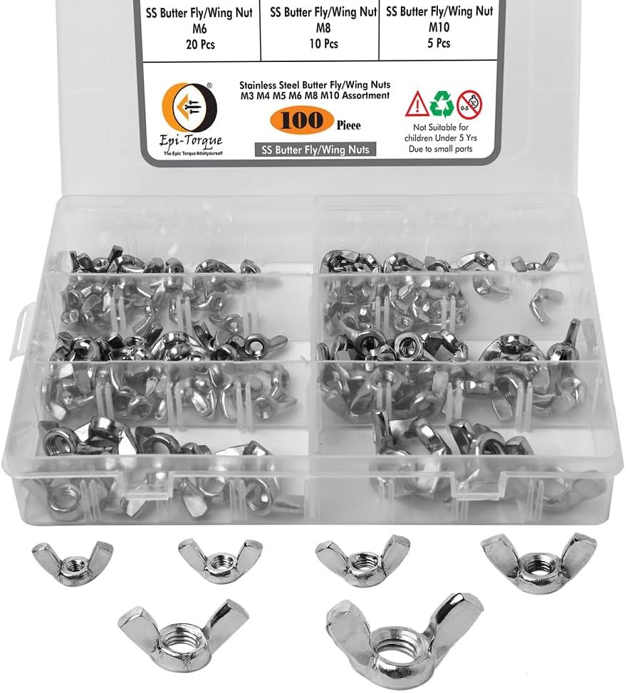 Epi-Torque 100 Pcs 6 Sizes Butterfly Wing Nuts Assortment Kit, M3 M4 M5 ...
