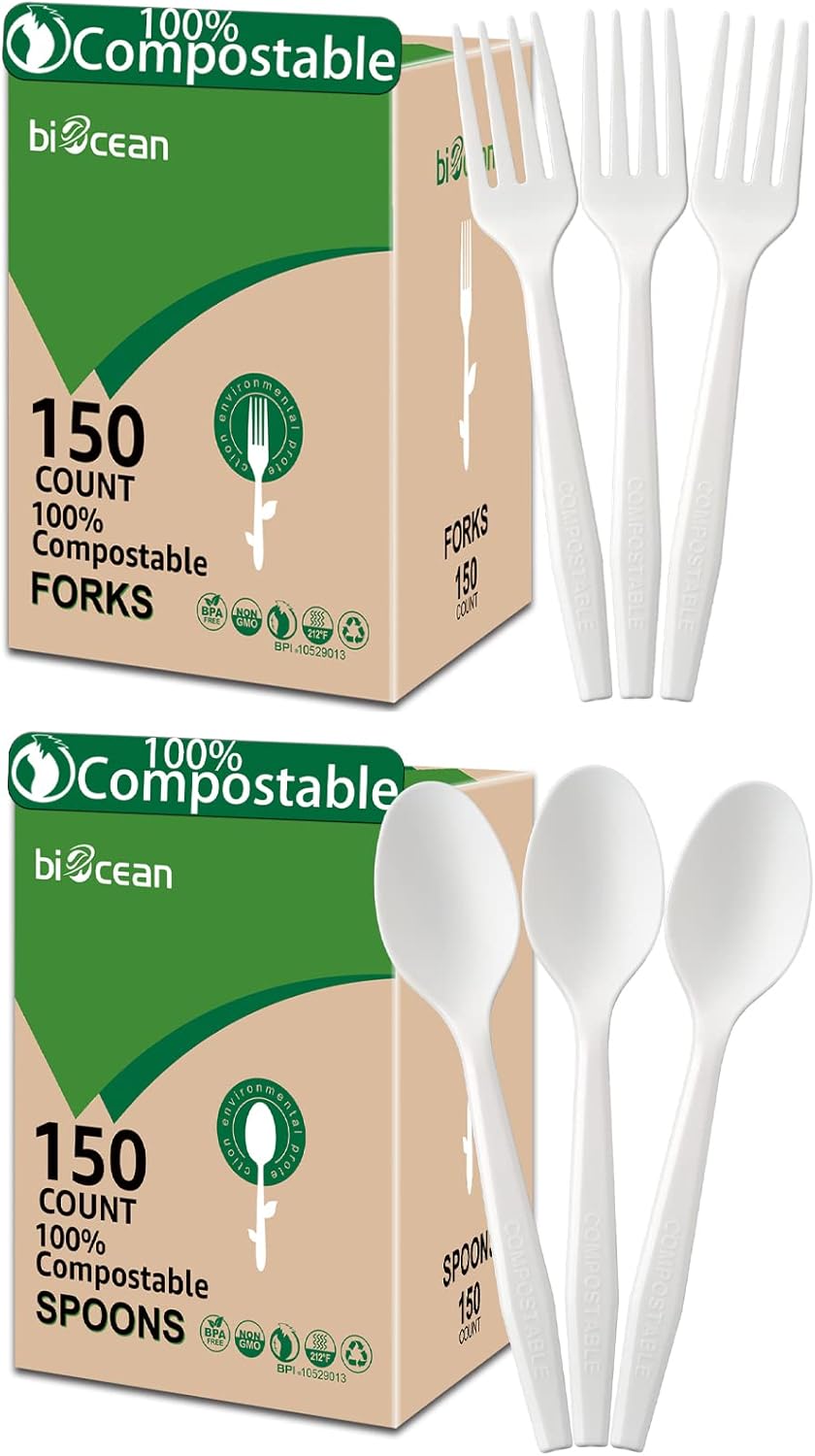 Amazon.com: BIOCEAN 300 Pack 100% Compostable Forks Compostable Spoons ...