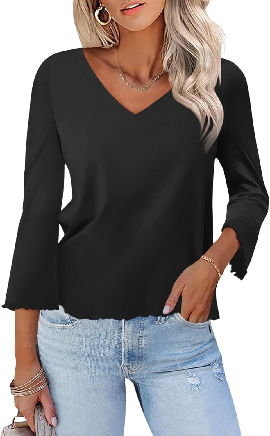 TICTICMISS Women's 3/4 Sleeve T Shirts V Neck Summer Tops Casual Ladies ...