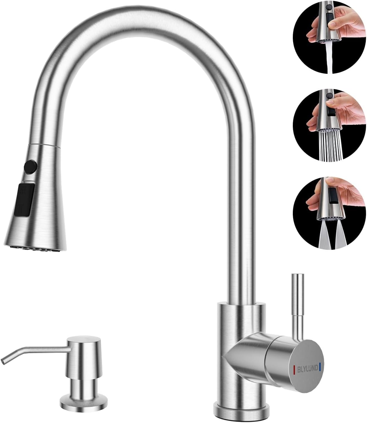 APPASO 3 Hole Kitchen Faucet, Brushed Nickel Kitchen Faucet with Soap ...