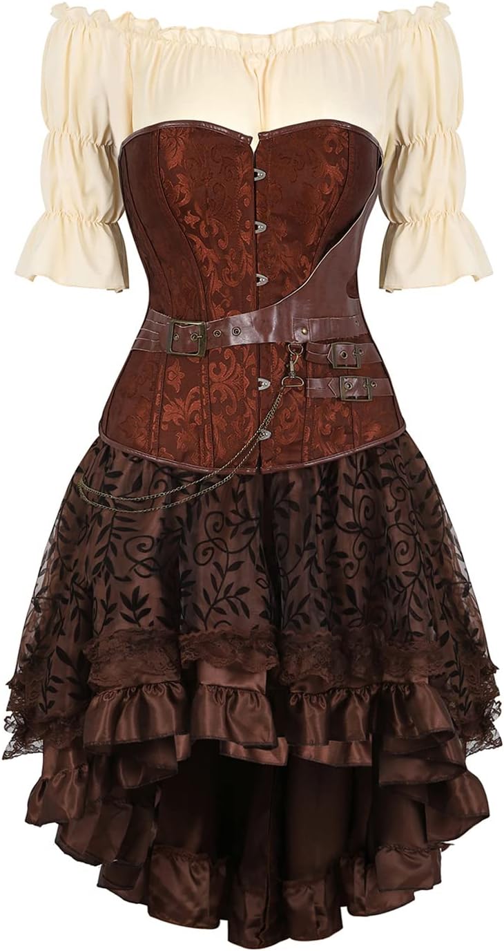 Grebrafan Steampunk Corsets Skirt Blouse Set Cowboy Corset Outfits for ...