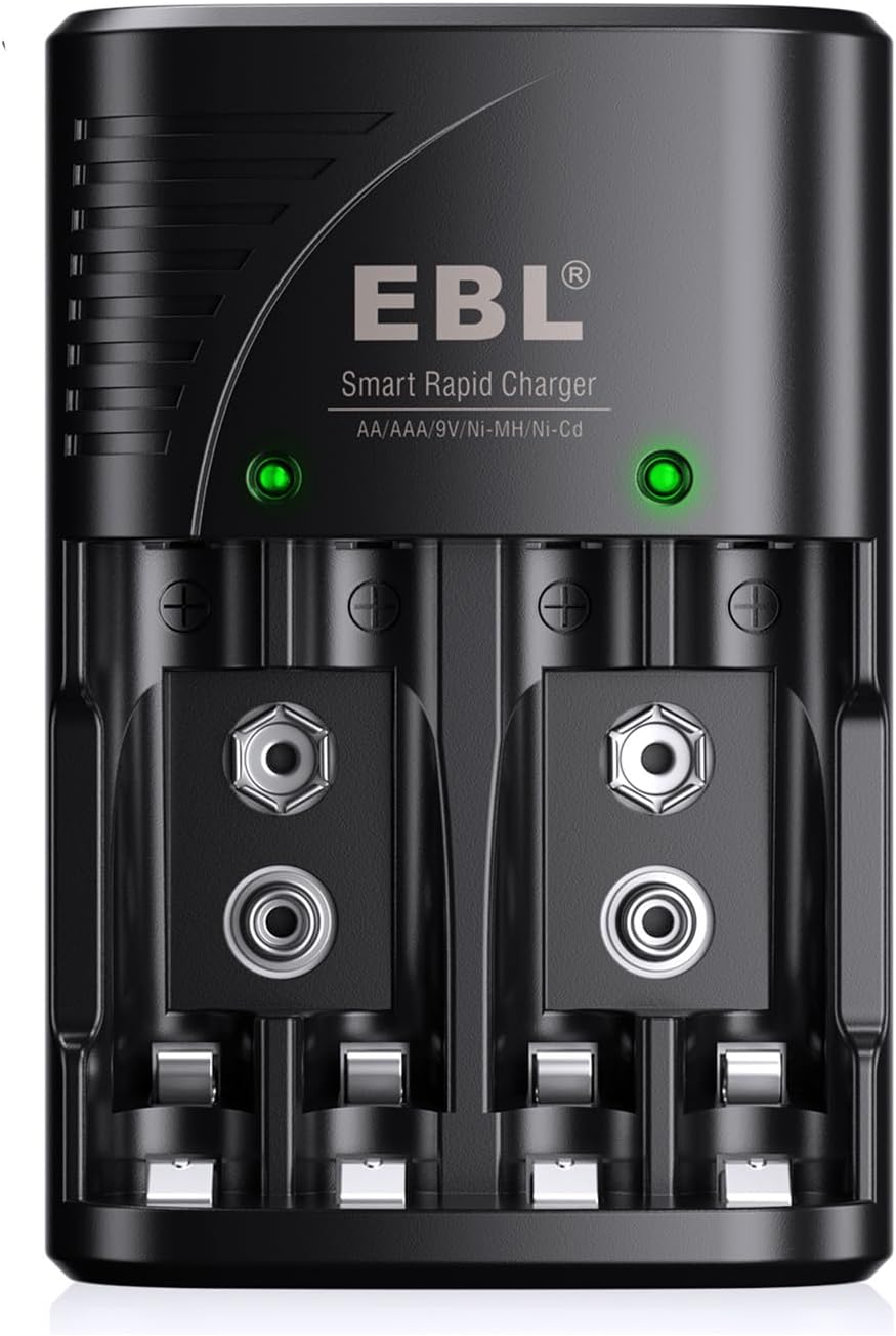EBL Smart Rapid Battery Charger for AA AAA 9V Rechargeable Batteries Ni-MH Ni-CD, 4 Bay Foldable ...